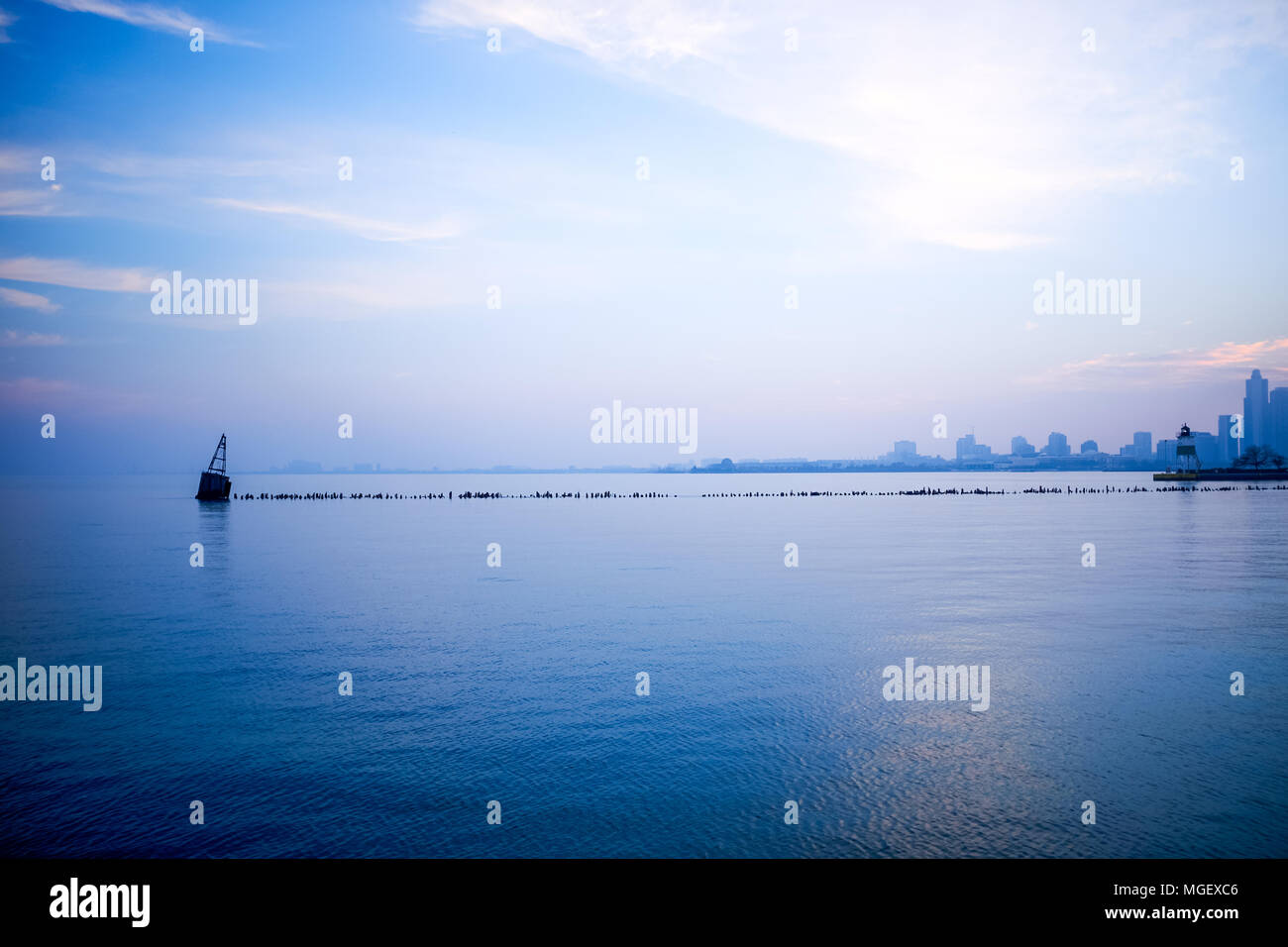 Cool blue minimalist Chicago skyline landscape viewed over Lake ...