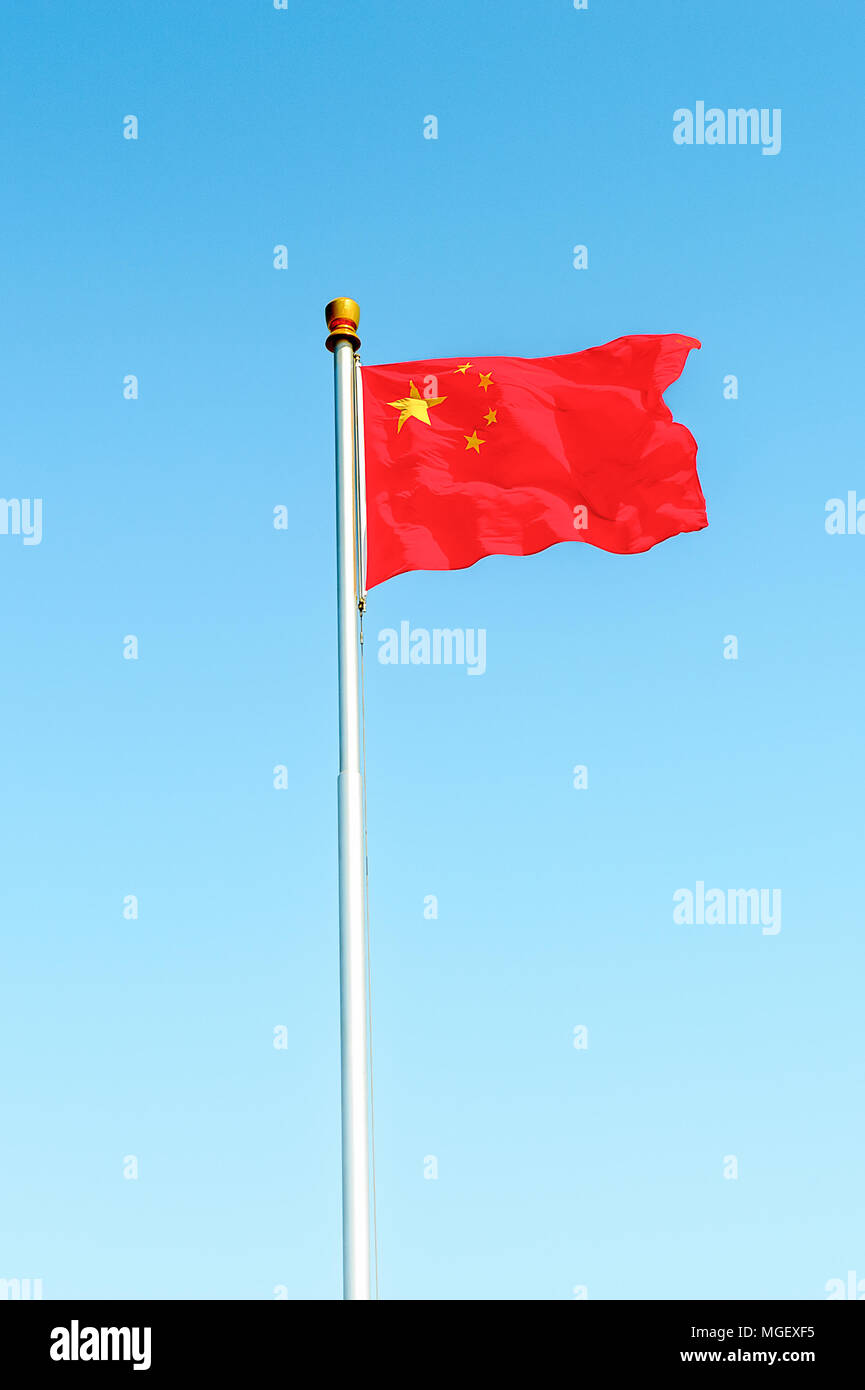 Chinese flag at the Tiananmen Square (Gate of Heavenly Peace), a large ...