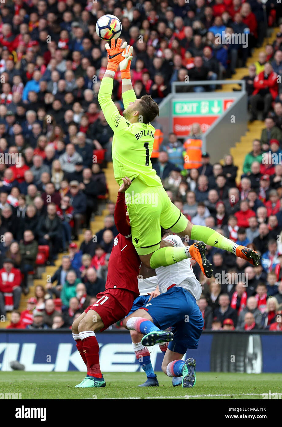 Stoke City goalkeeper Jack Butland jumps highest to claim the ball ...