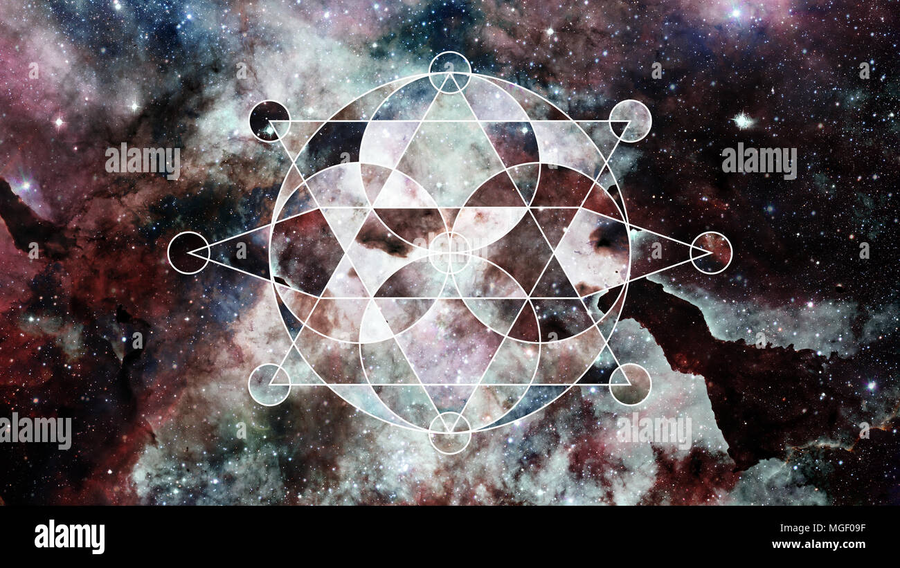 Abstract cosmos geometric background with polygons, triangles, stars ...