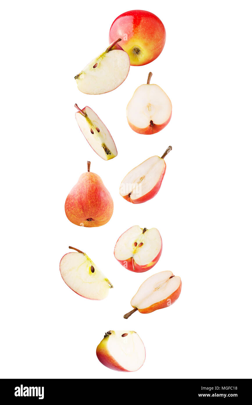 Isolated falling fruits. Falling sweet apple and pear isolated on white ...