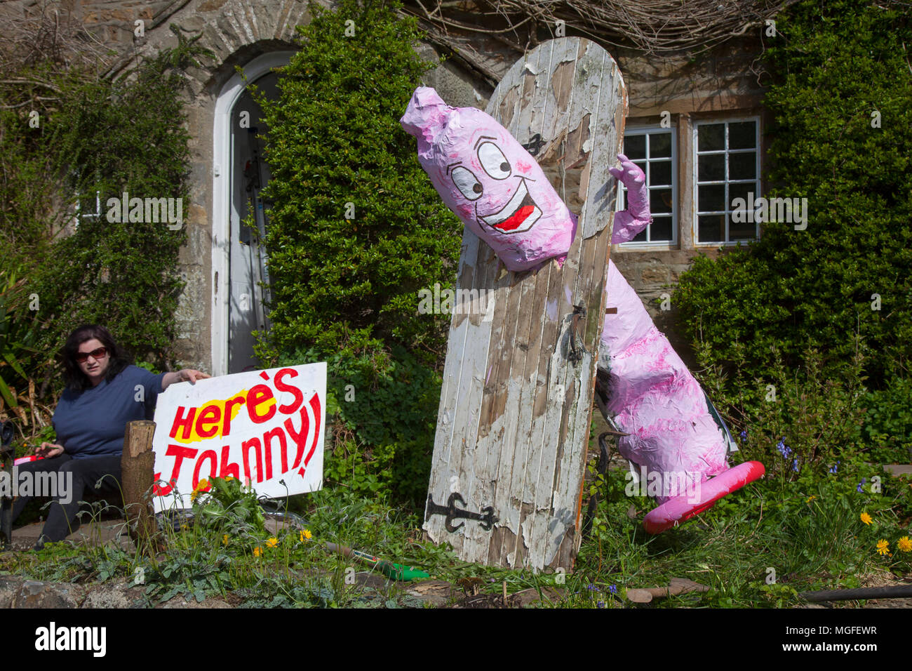 Wray, Lancaster, UK. 28/04/2018. Here's Johnny at the Wray Scarecrow ...