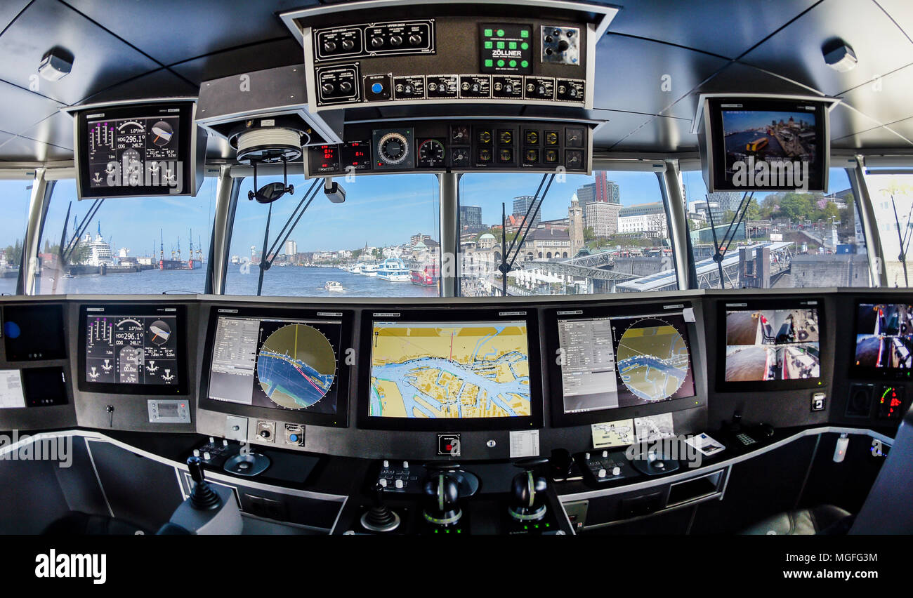 27 April 2018, Germany, Hamburg: The bridge of the new Helgoland ...