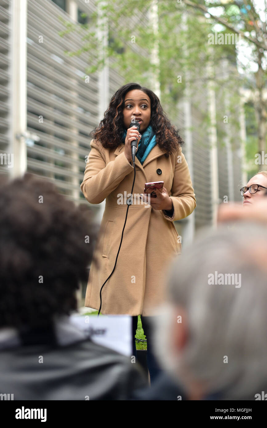 London, UK. 28th April 2018. Sara Burke, organiser of the march (on the ...