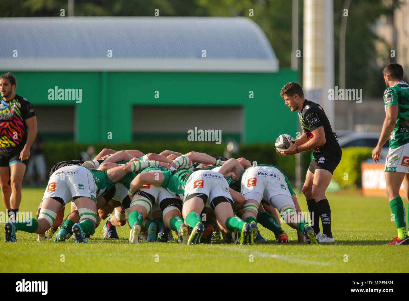 Treviso, Italy. 28th April, 2018. Zebre's scrum half with the put in ...