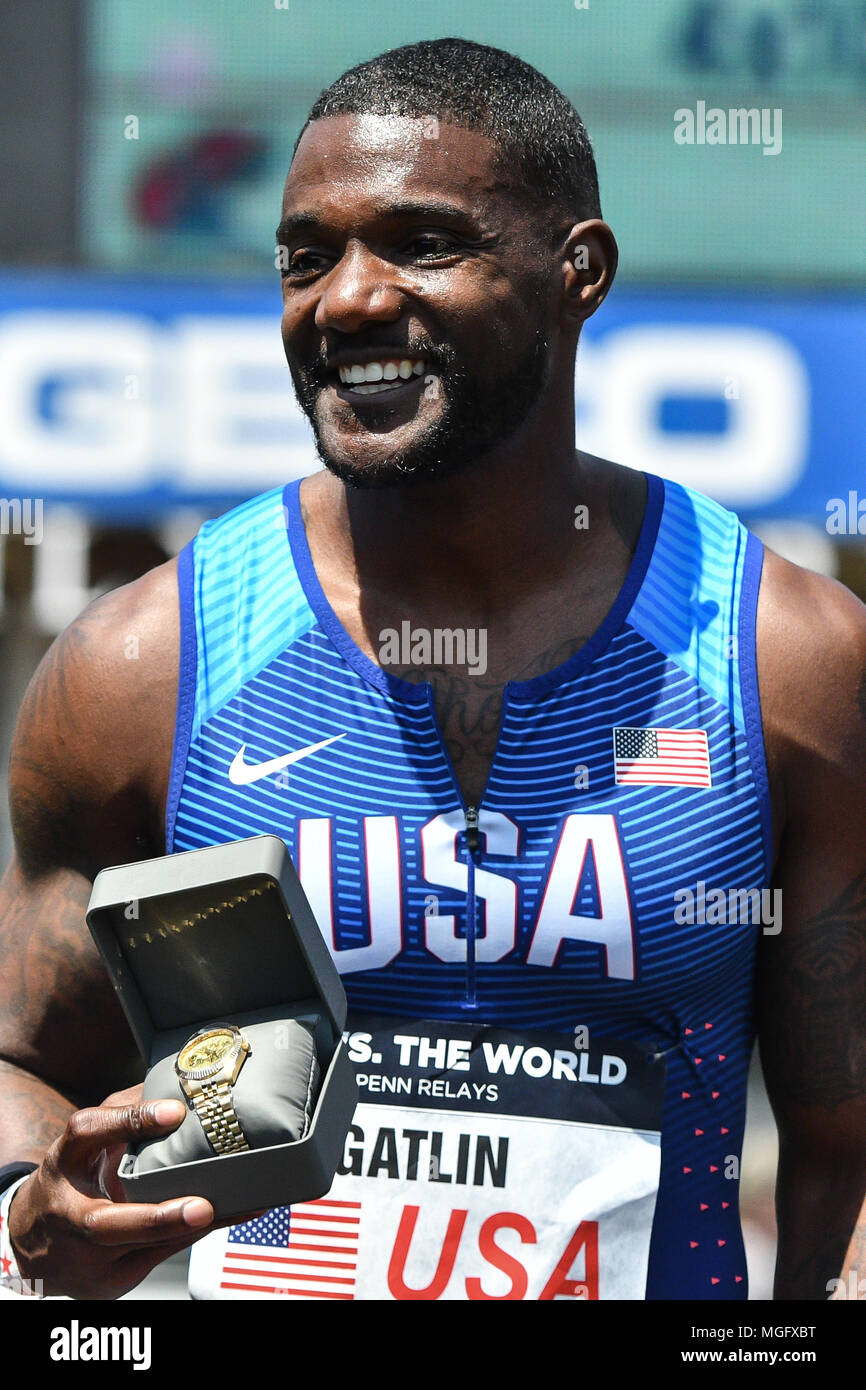 Philadelphia, Pennsylvania, USA. 28th Apr, 2018. JUSTIN GATLIN poses on ...