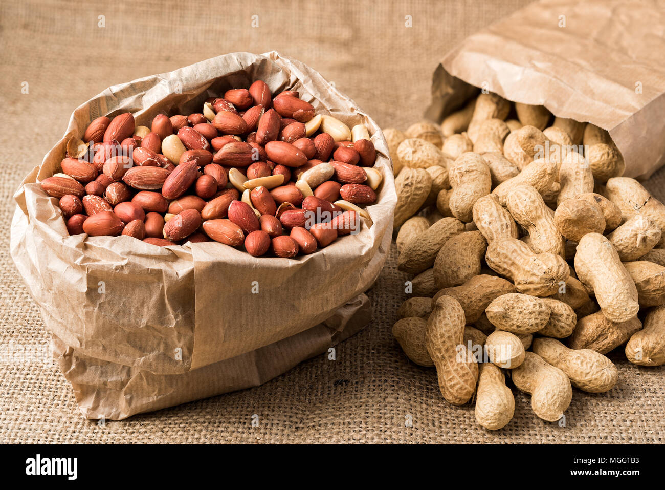 Paper bags full of peeled peanuts and peanuts in nutshell on sackcloth ...