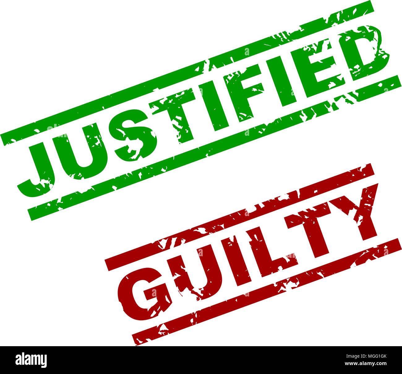Guilty and justified rubber stamp. Vector grunge insignia label, sign ...
