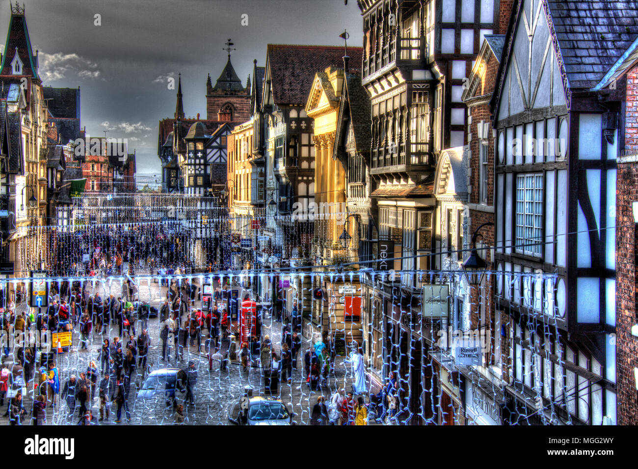 City of Chester, England. Artistic elevated view of a busy Christmas ...