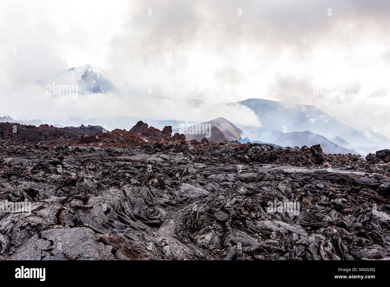 Solid lava plain near active volcano Tolbachik, Kamchatka, Russia Stock ...