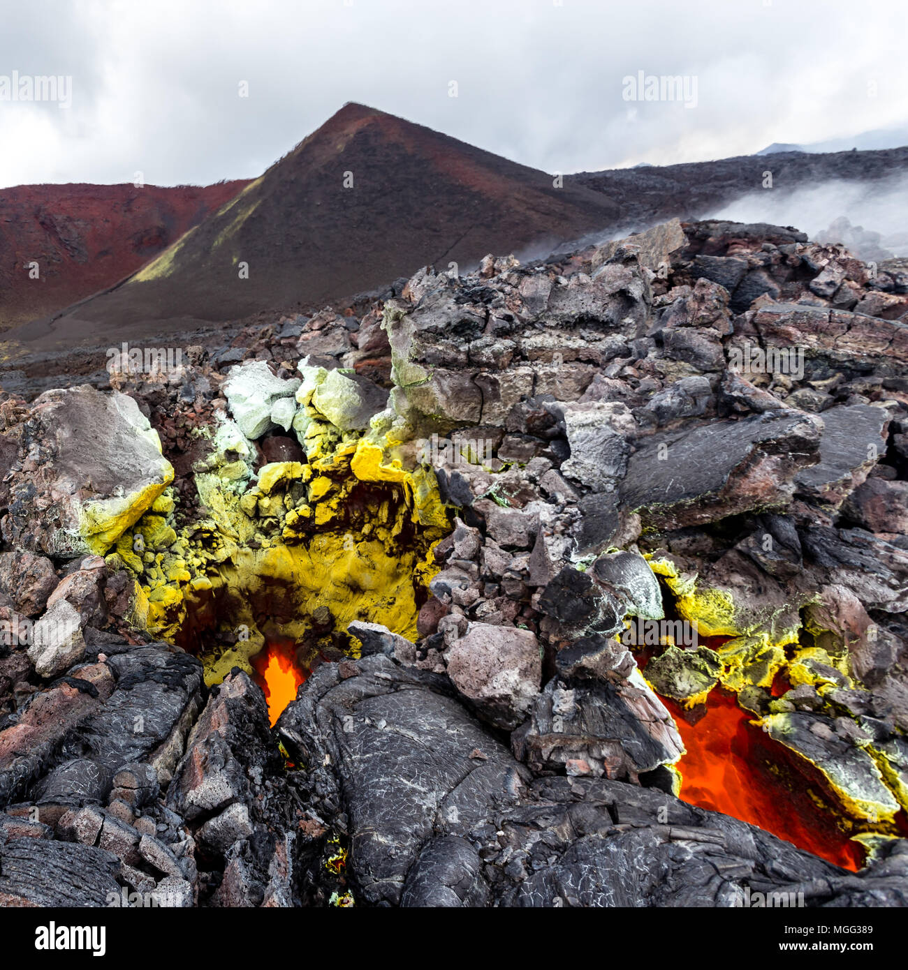 Steaming, sulfuric, active fumaroles near volcano Tolbachik, Kamchatka ...