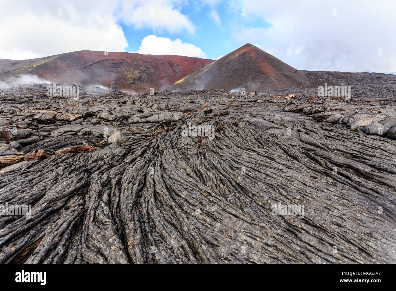 Solid lava plain near active volcano Tolbachik, Kamchatka, Russia Stock ...