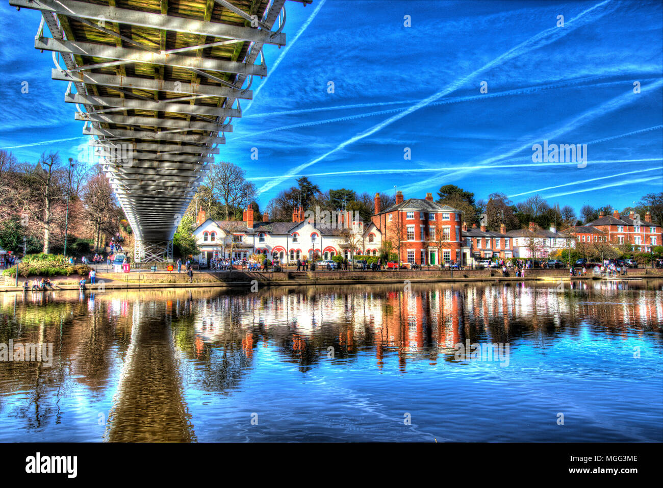 City of Chester, England. Picturesque spring view of cafes, restaurants ...