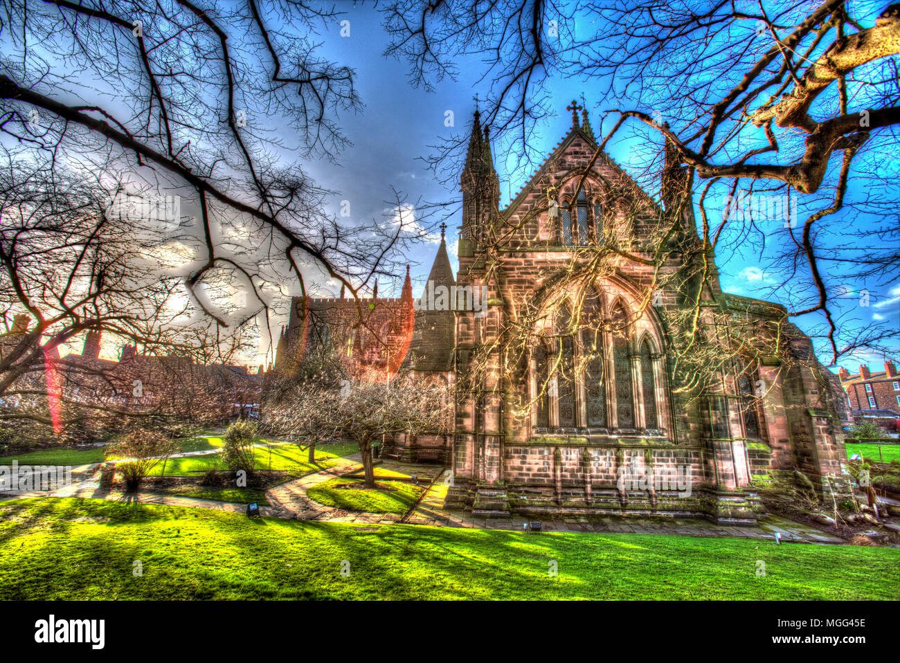 City of Chester, England. Artistic late winter view of the south façade ...