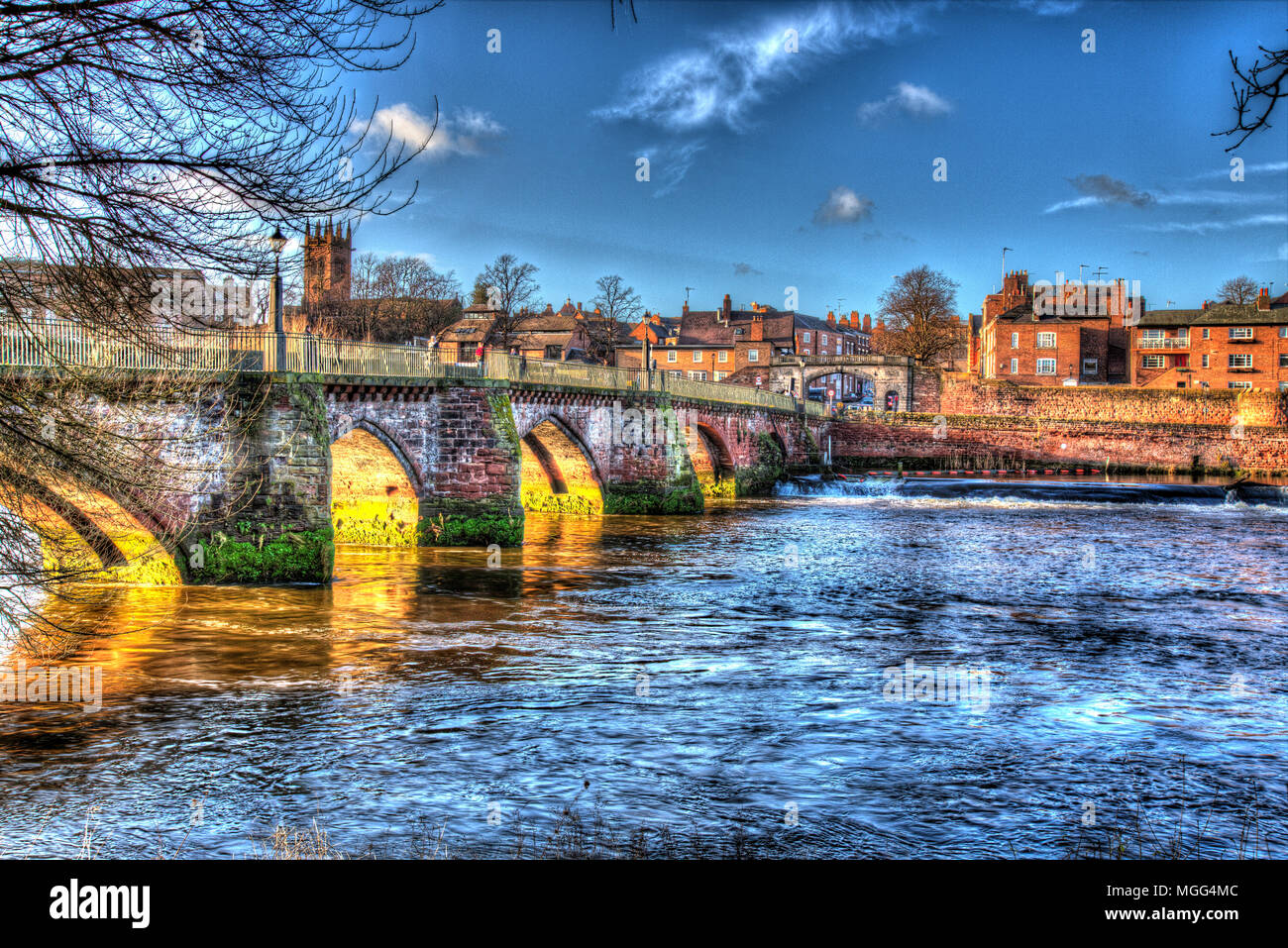 City of Chester, England. Artistic view of Chester’s medieval Old Dee Bridge over the River Dee ...