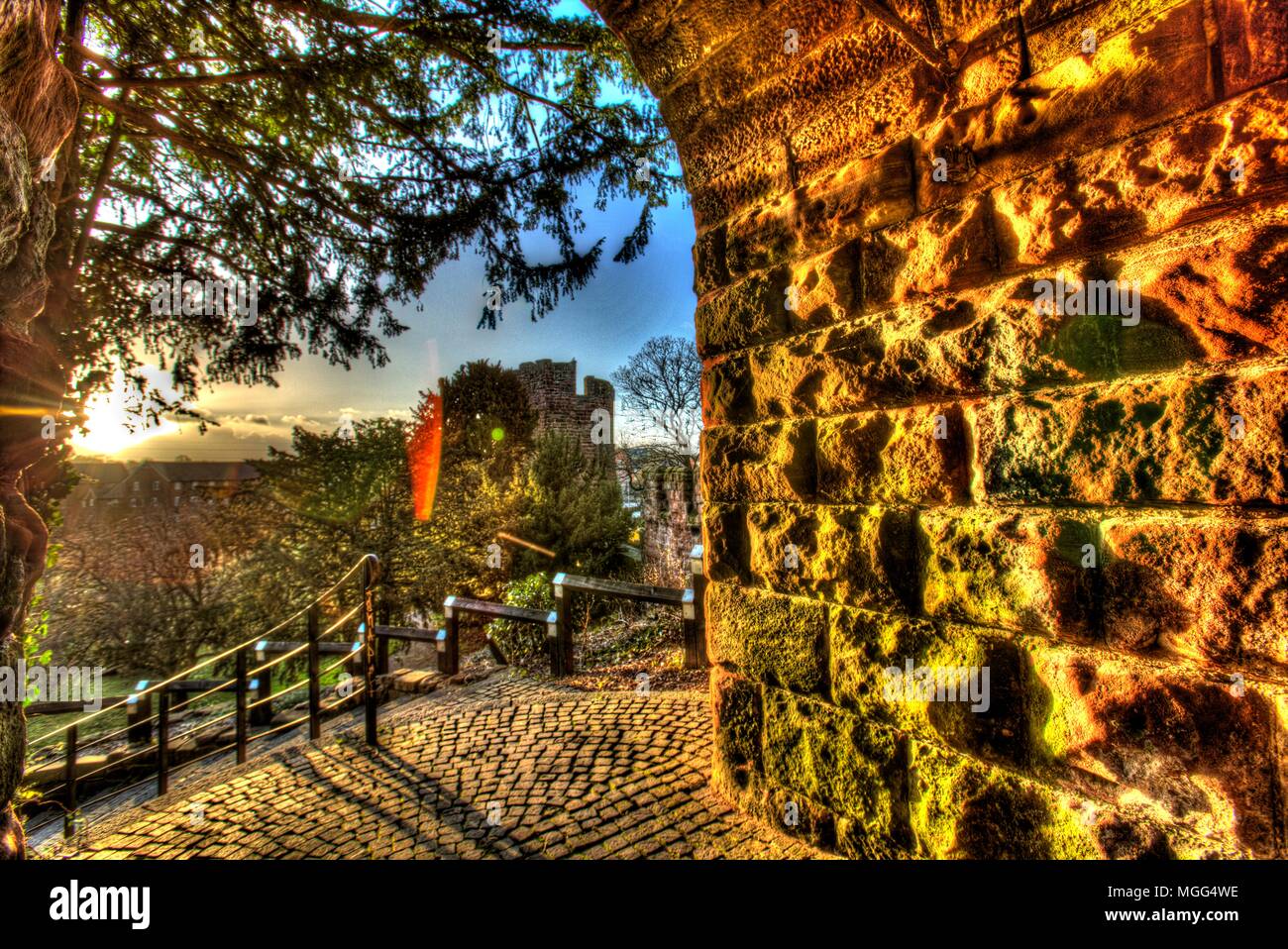 City of Chester, England. Artistic view of the arch and steps leading ...
