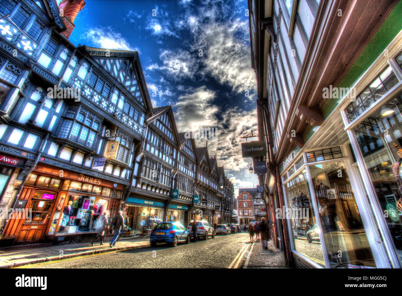 City of Chester, England. Artistic view of shops and pedestrians in ...