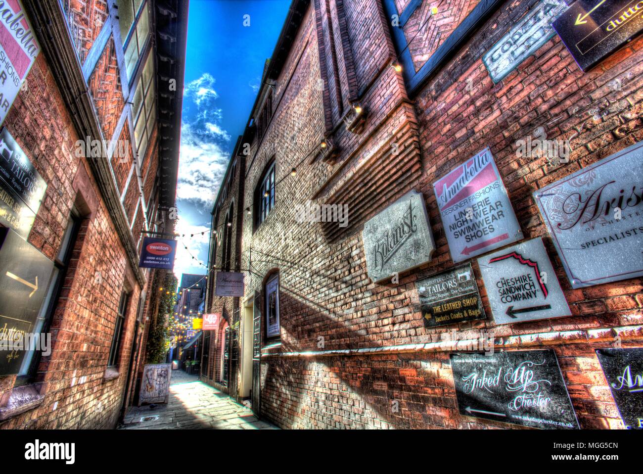 City of Chester, England. Artistic view of café’s restaurants and shops ...