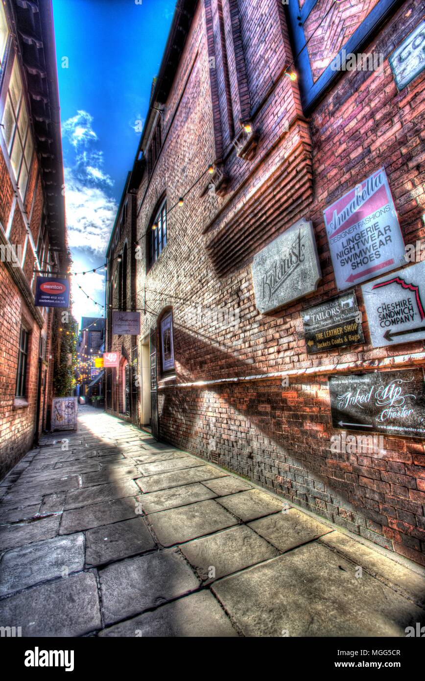 City of Chester, England. Artistic view of café’s restaurants and shops ...