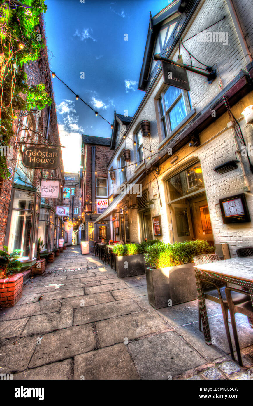 City of Chester, England. Artistic view of café’s restaurants and shops ...