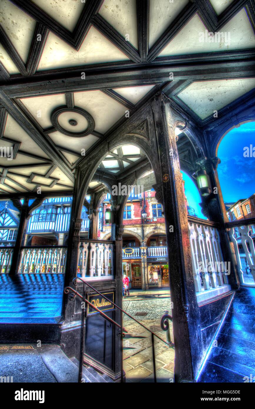 City of Chester, England. Artistic view of Chester’s galleried Rows at ...