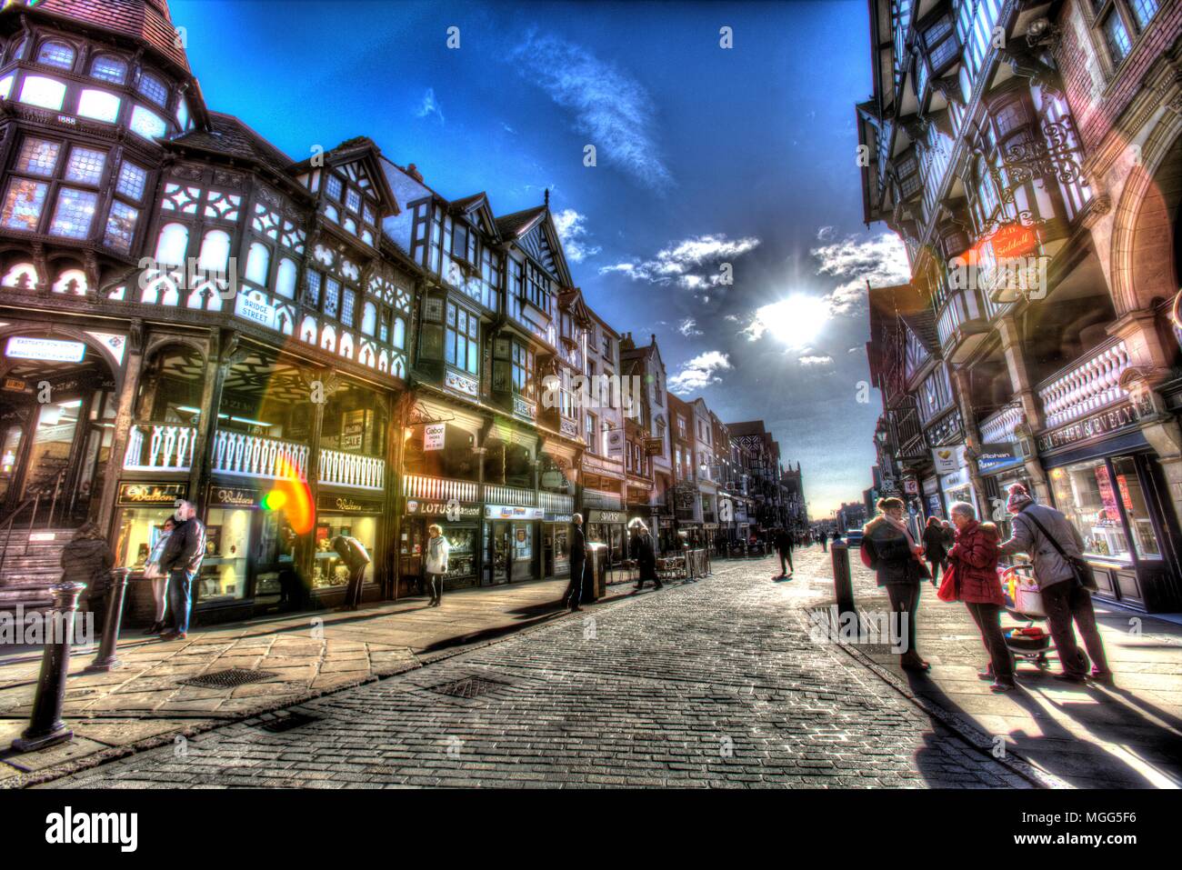 City of Chester, England. Artistic silhouetted view of shops and ...