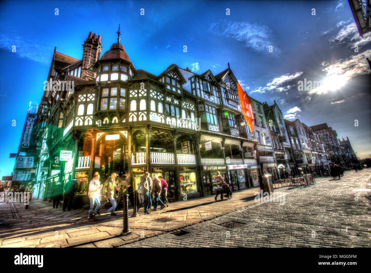 City of Chester, England. Artistic view of Chester’s Rows, shops and ...