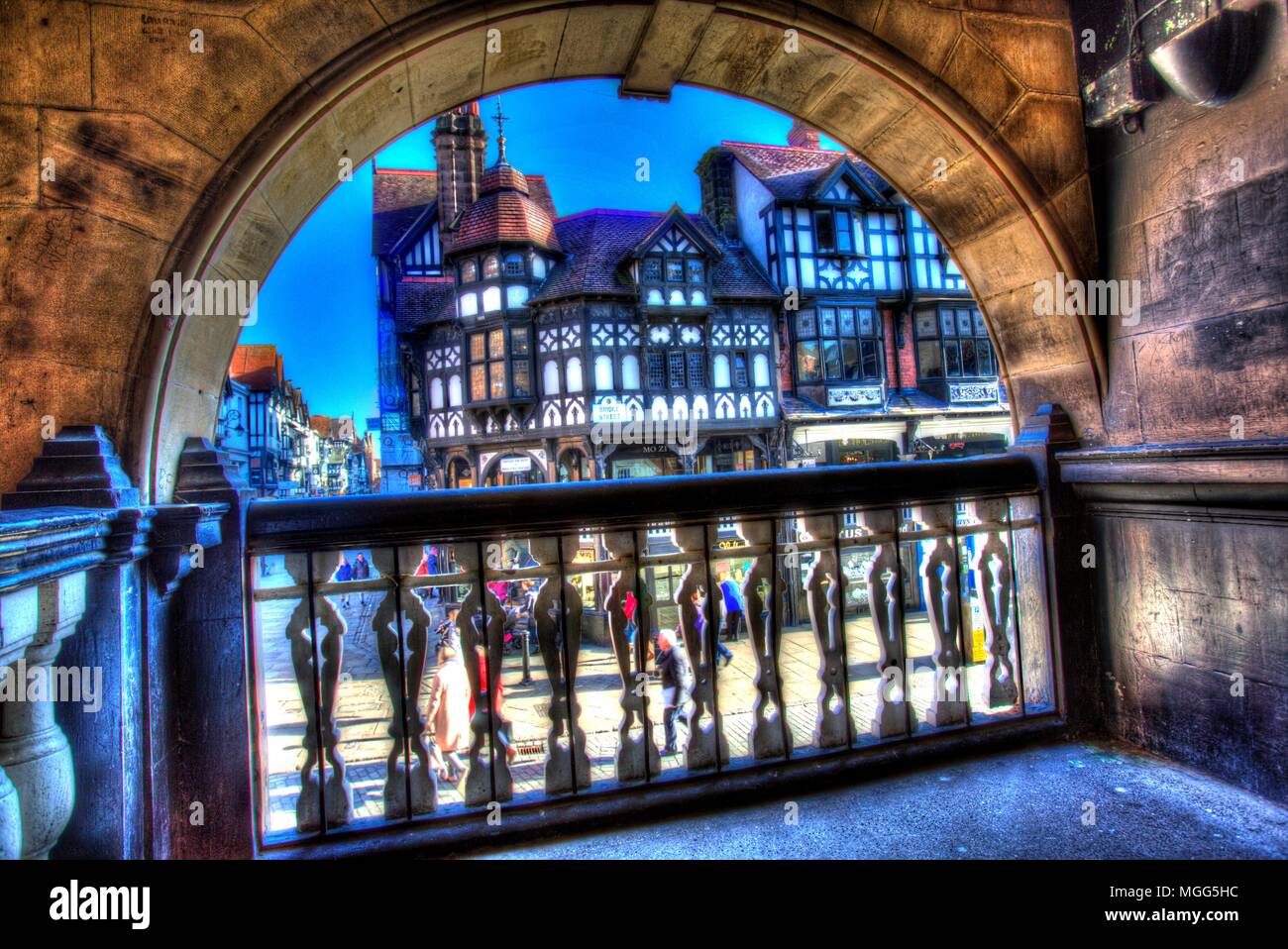City of Chester, England. Artistic view of Chester’s Rows, shops and ...