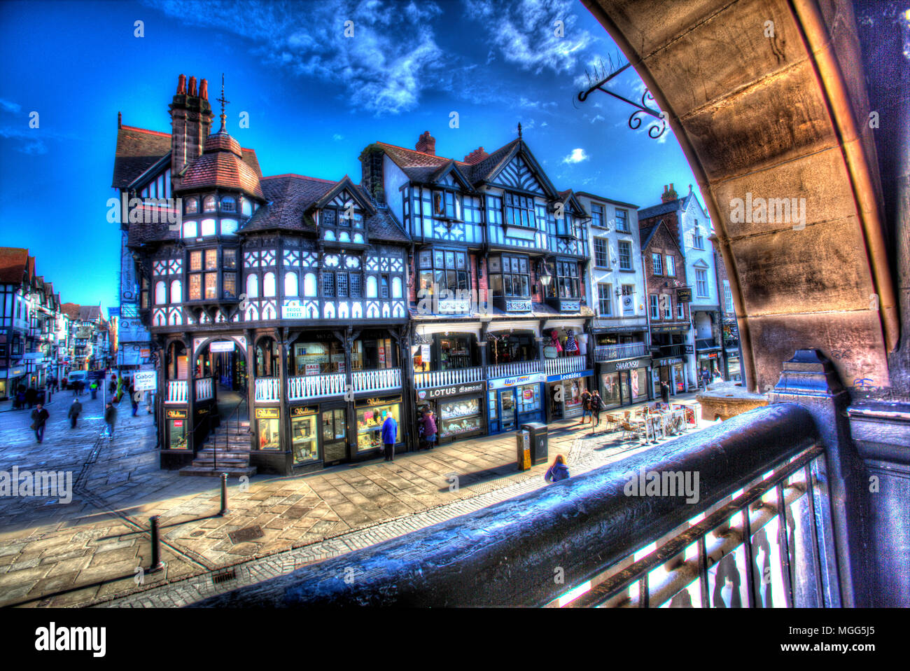 City of Chester, England. Artistic view of Chester’s Rows, shops and ...