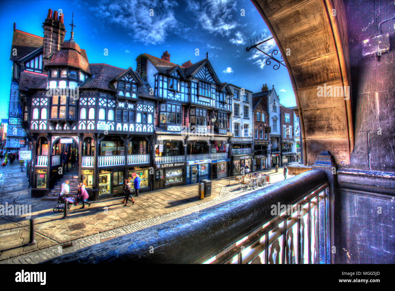 City of Chester, England. Artistic view of Chester’s Rows, shops and ...