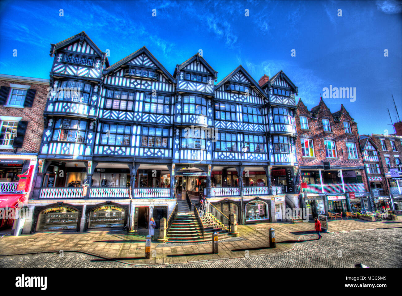 City of Chester, England. Artistic view of the pedestrian precinct at ...