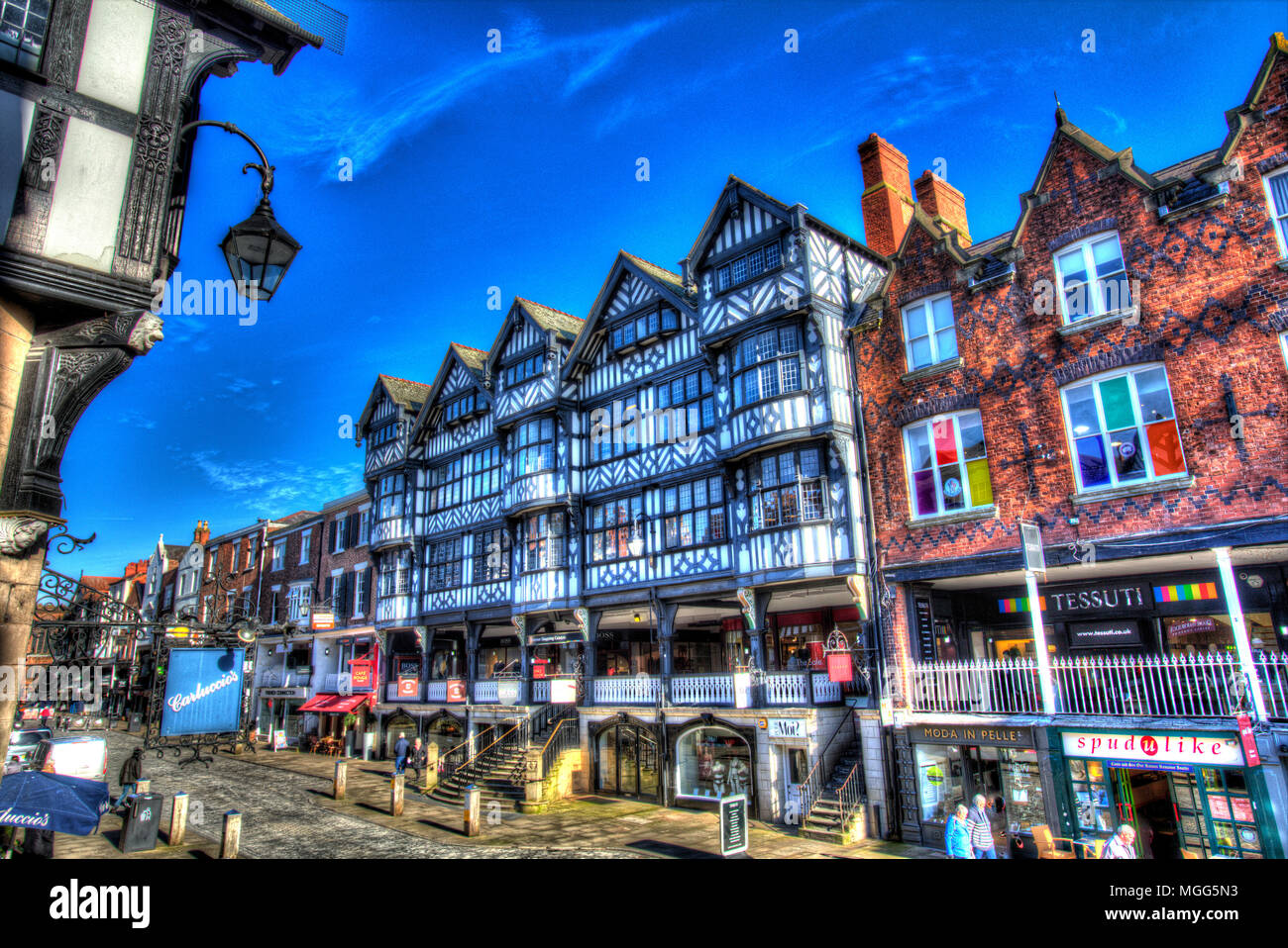 City of Chester, England. Artistic view of the pedestrian precinct at ...