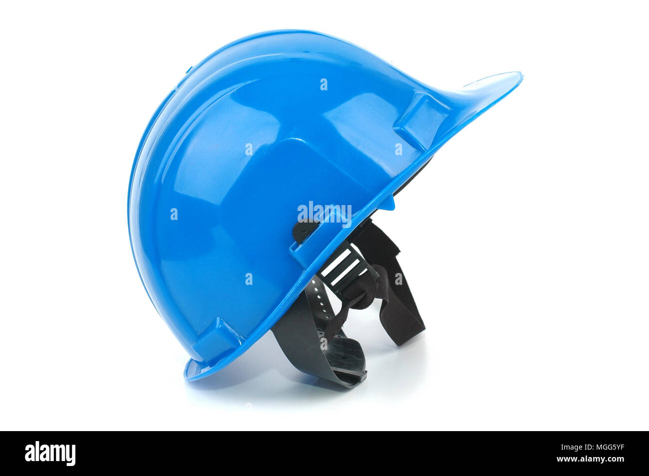 Blue safety helmet on the white background with soft shadows , building ...