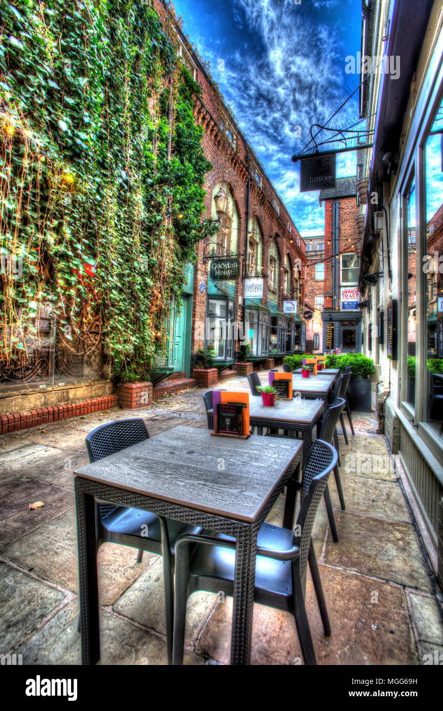 City of Chester, England. Artistic view of café’s restaurants and shops ...