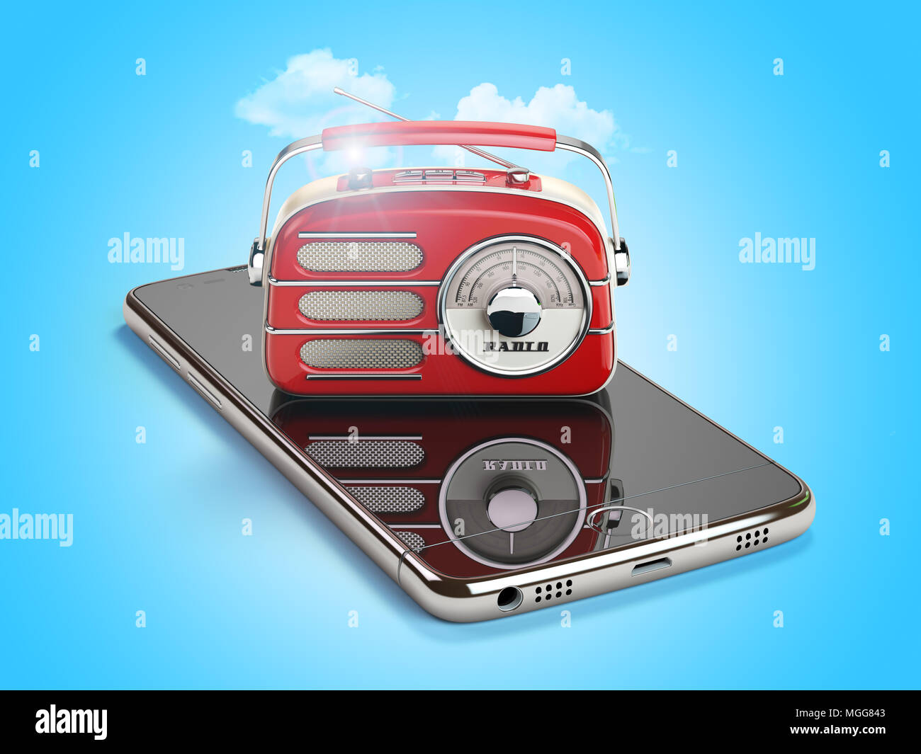 Smartphone with red vintage radio. Mobile AM FM radio live streaming ...