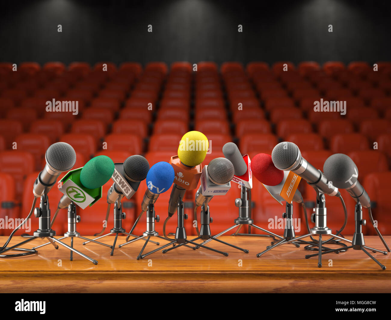 Press conference or interview event concept. Microphones of different ...