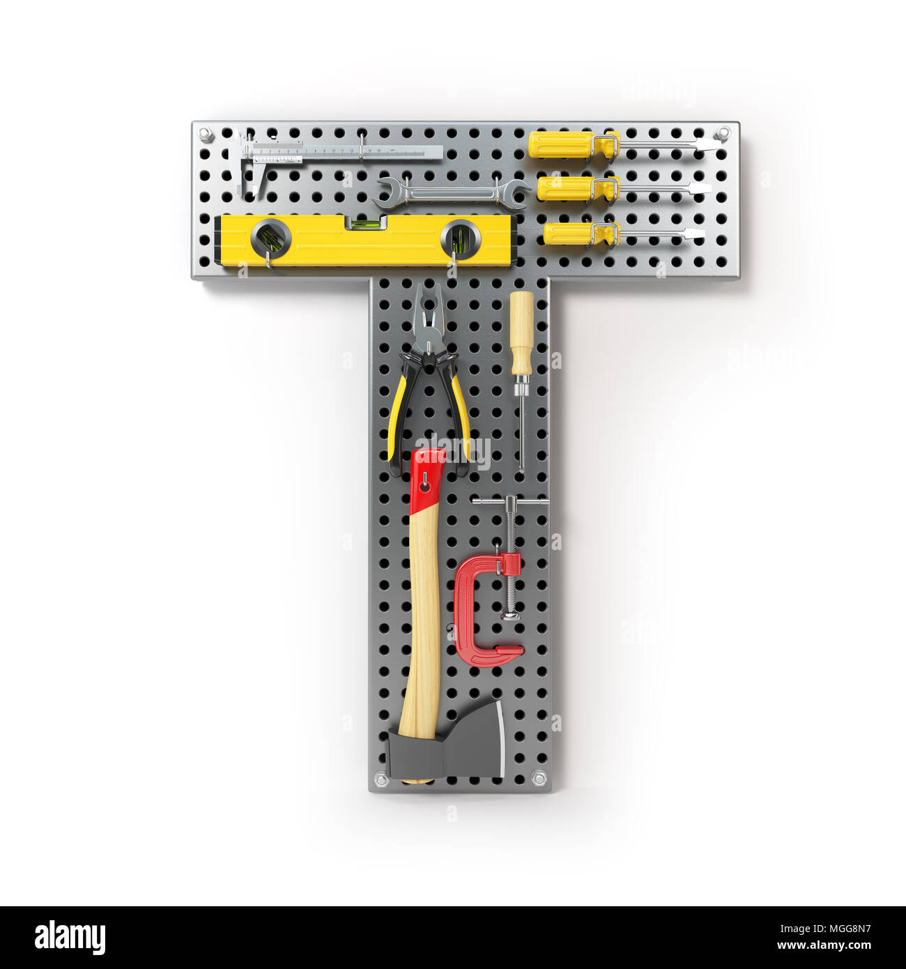 Letter T. Alphabet from the tools on the metal pegboard isolated on ...