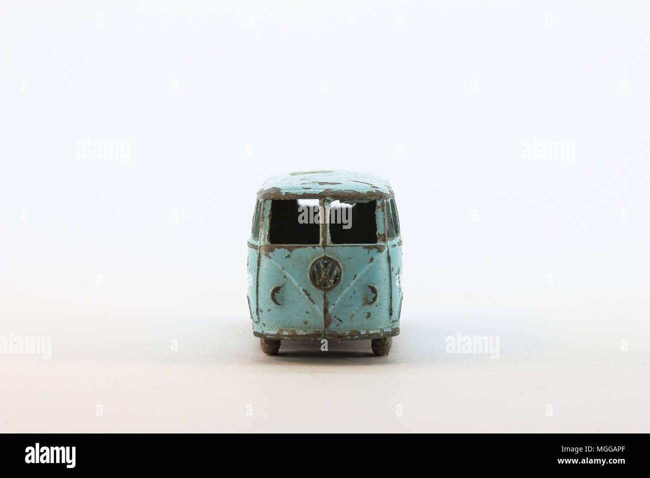 Front view of old blue VW Microbus Toy on white background Stock Photo ...