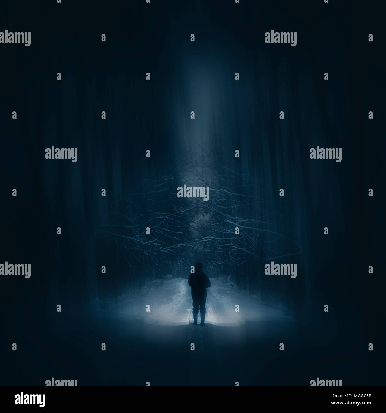 Surreal night forest landscape with alone strange man with flashlight ...