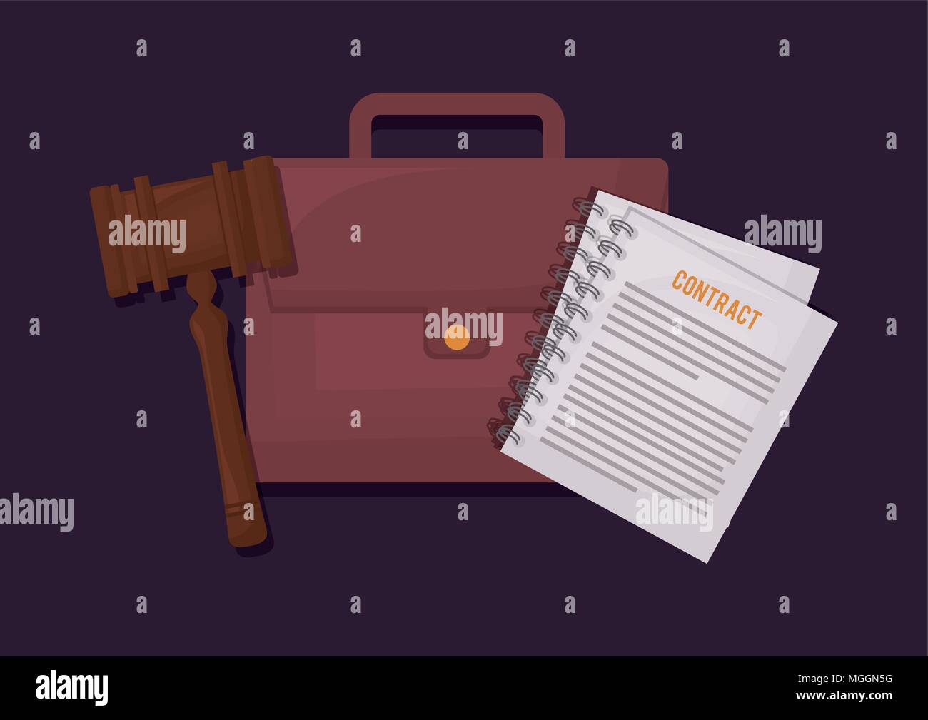 portfolio with gavel and contract documents over purple background ...