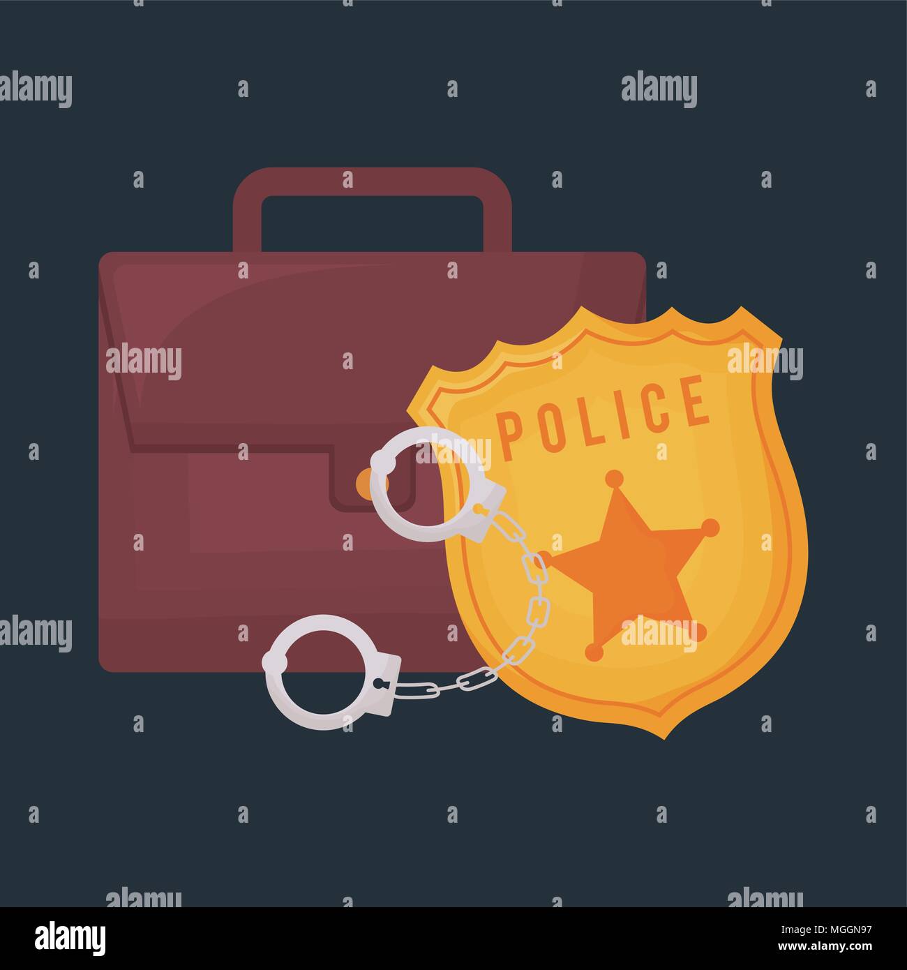 police badge with briefcase and handcuffs over gray background ...