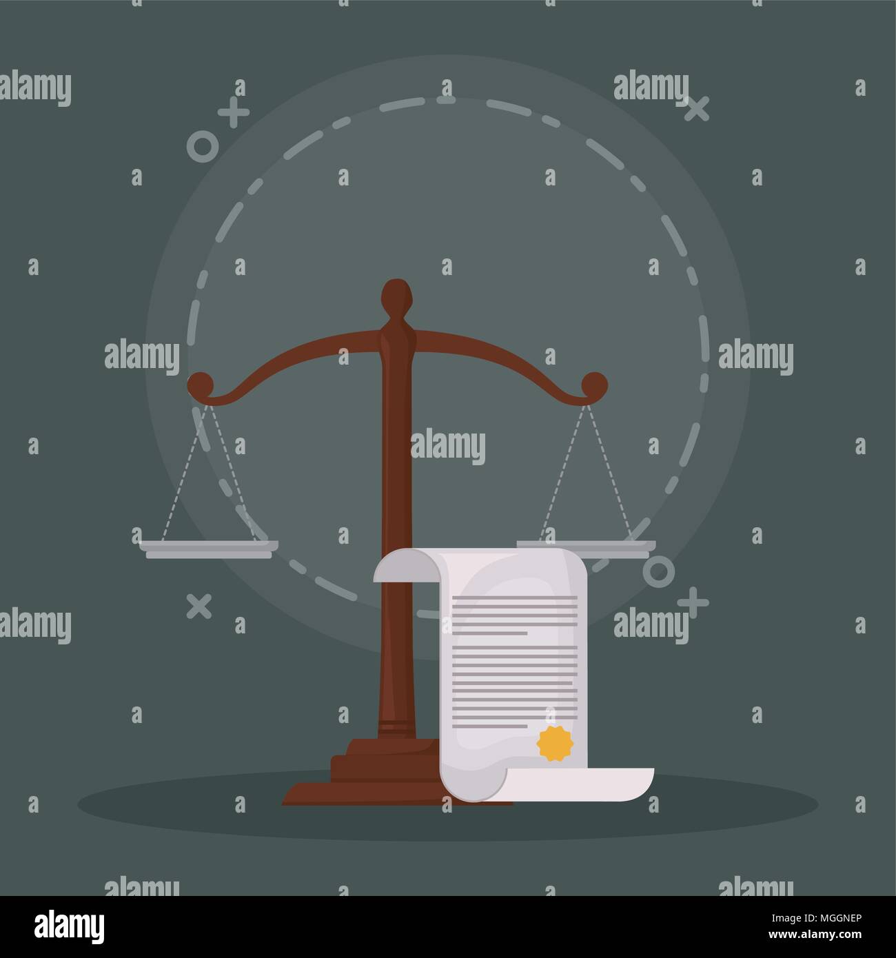 law scale and contract document over green background, colorful design ...