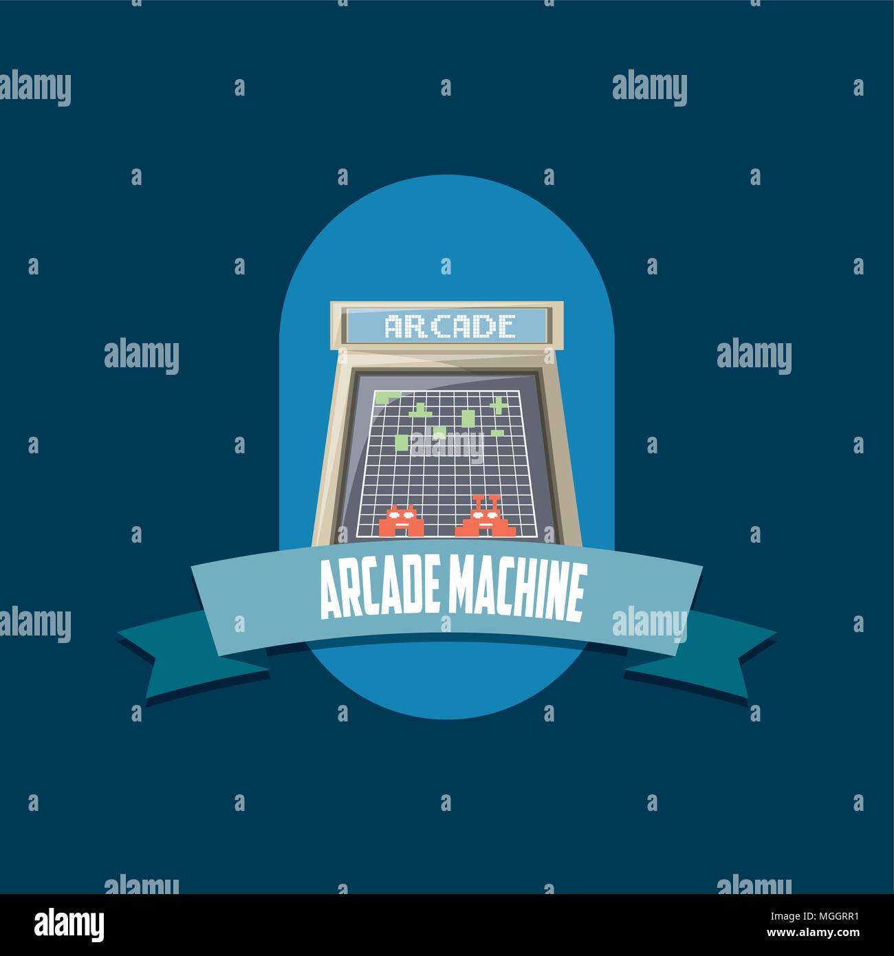 emblem with Retro Arcade Video Game Machine and decorative ribbon over ...