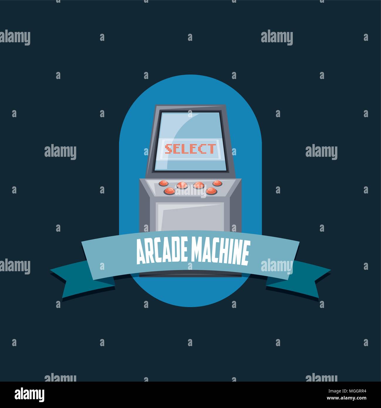 emblem with Retro Arcade Video Game Machine and decorative ribbon over ...