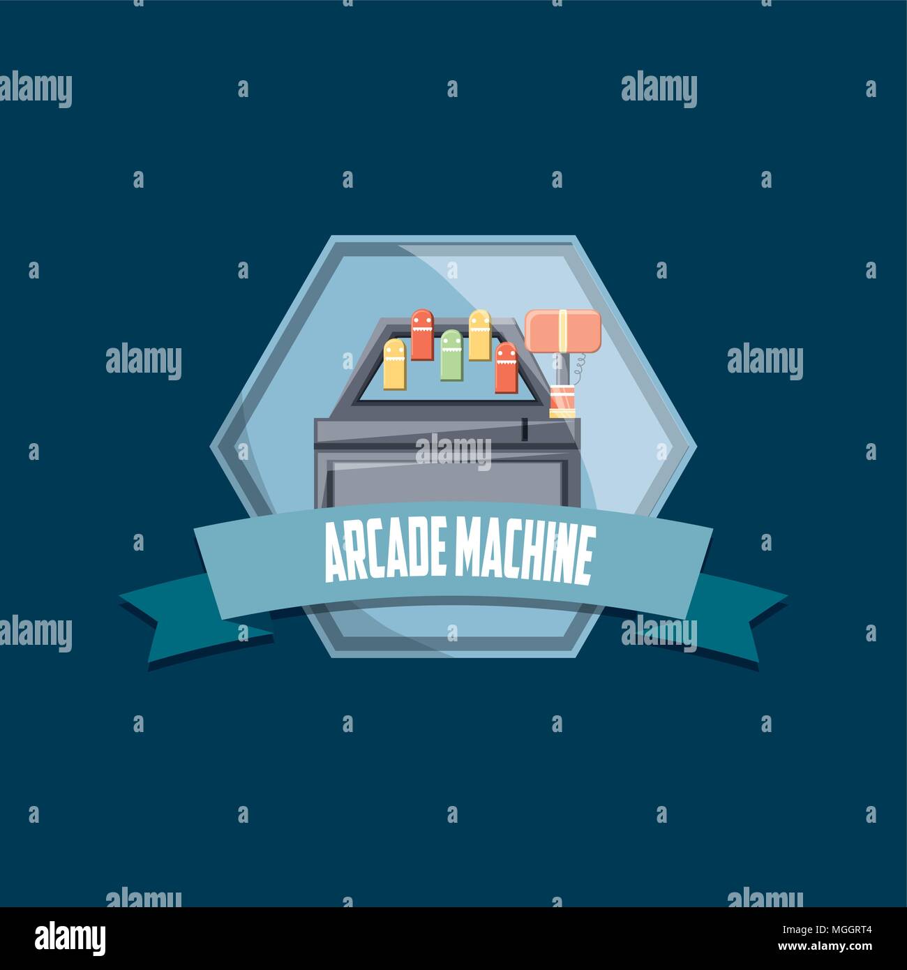emblem with Retro Arcade Video Game Machine and decorative ribbon over ...
