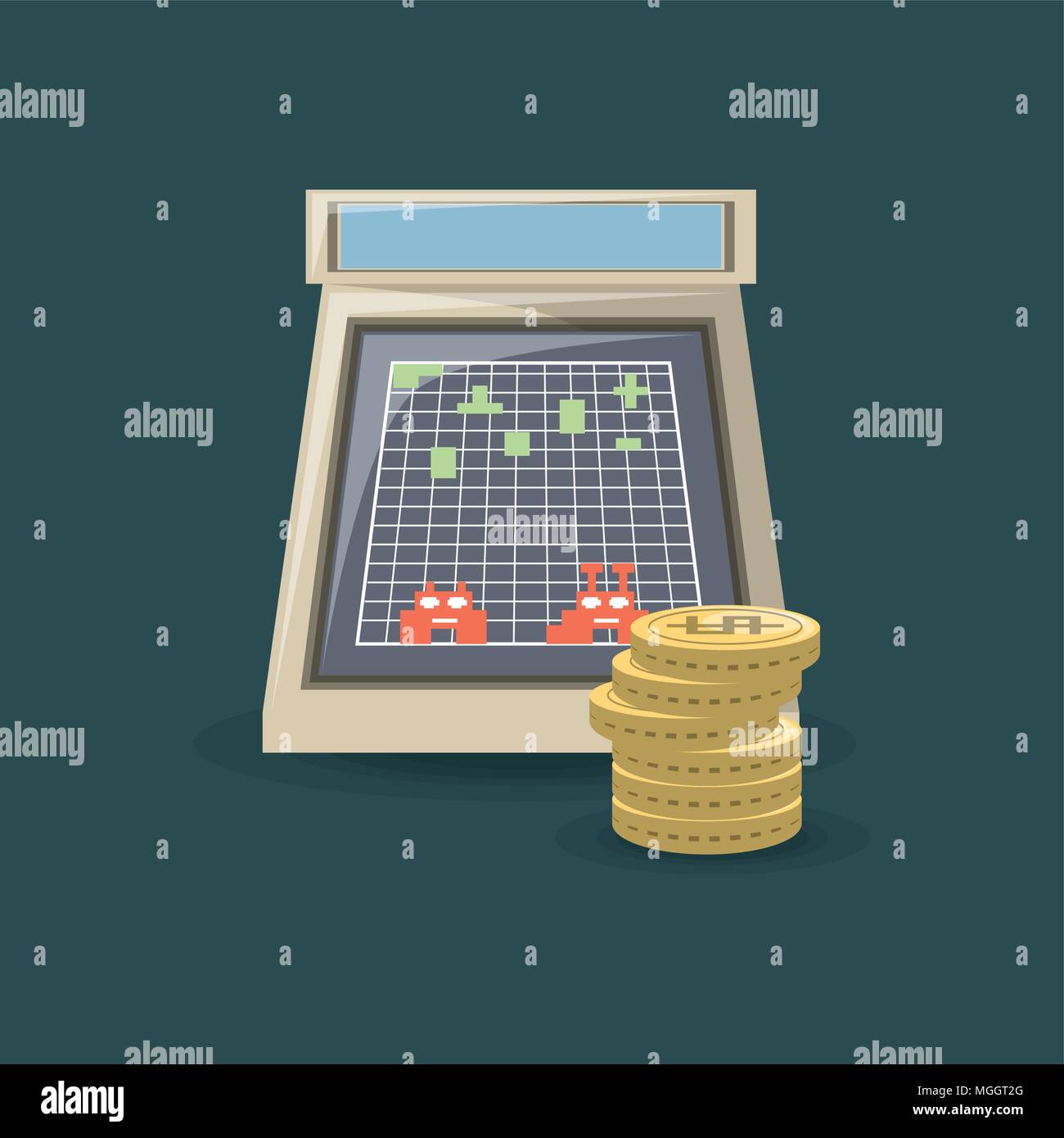 arcade machine and coins over green background, colorful design. vector ...