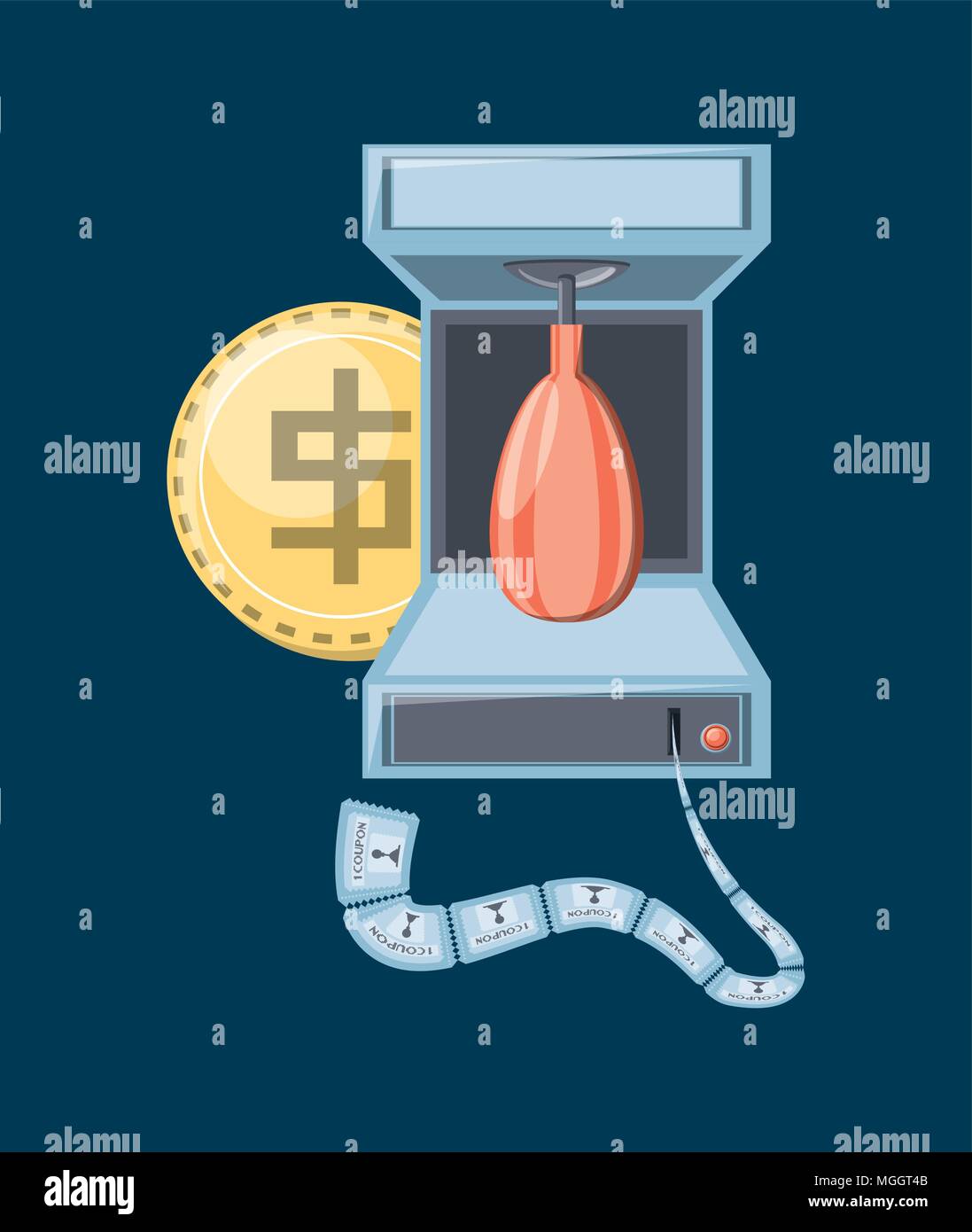 boxing arcade machine and coin over blue background, colorful design ...