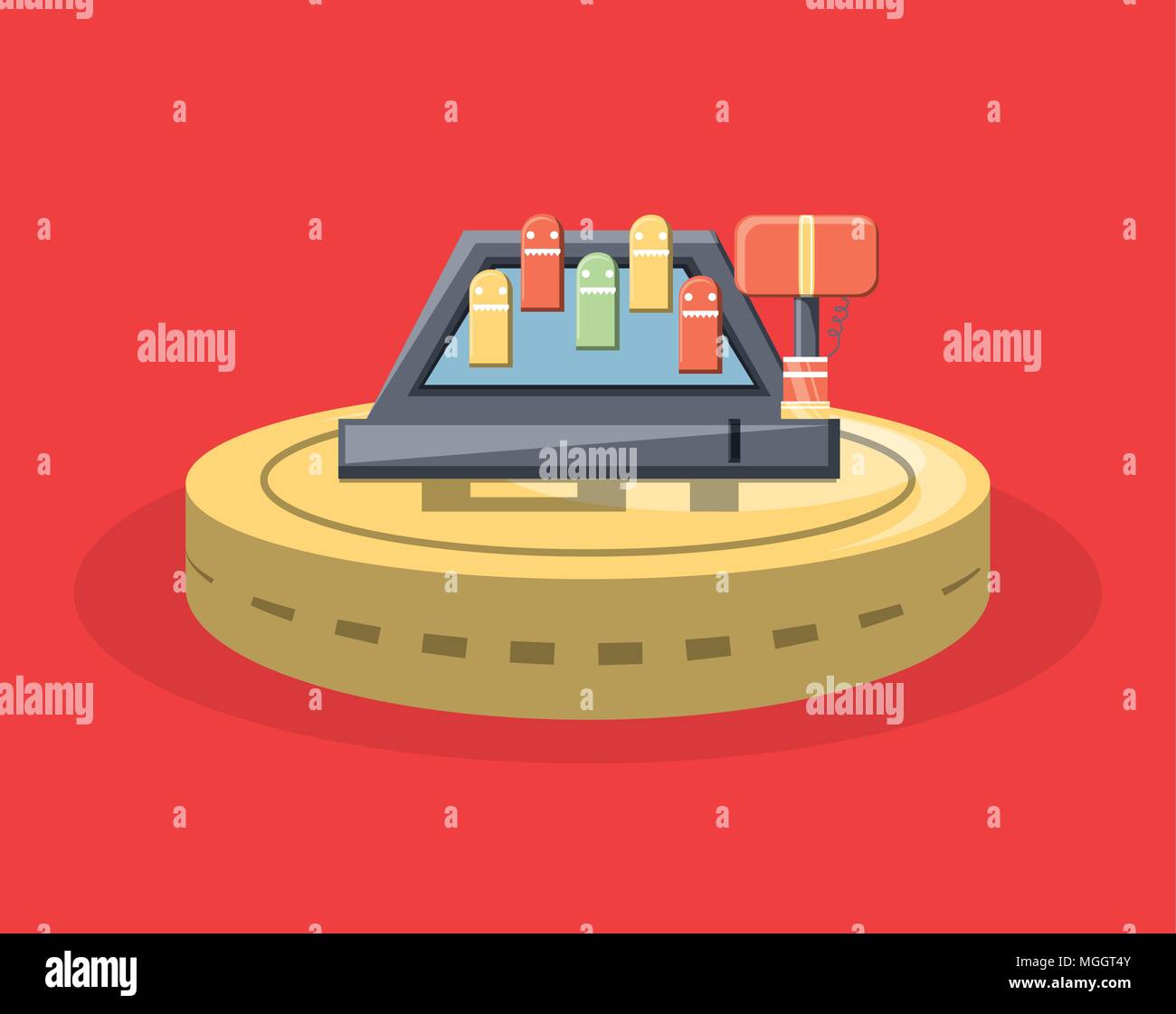 coin with hammer arcade machine over red background, colorful design ...