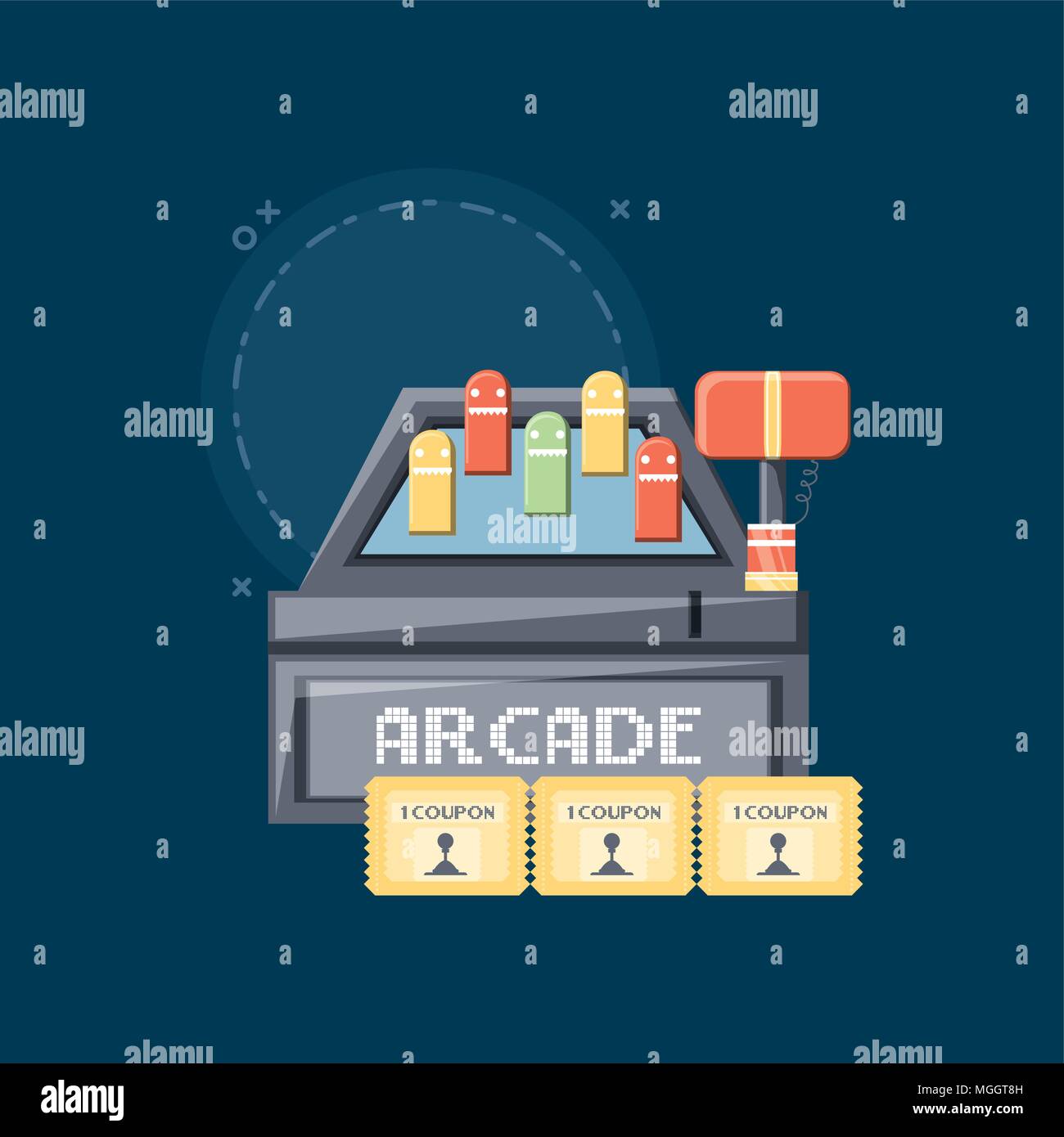 hammer arcade machine and coupons over blue background, colorful design ...