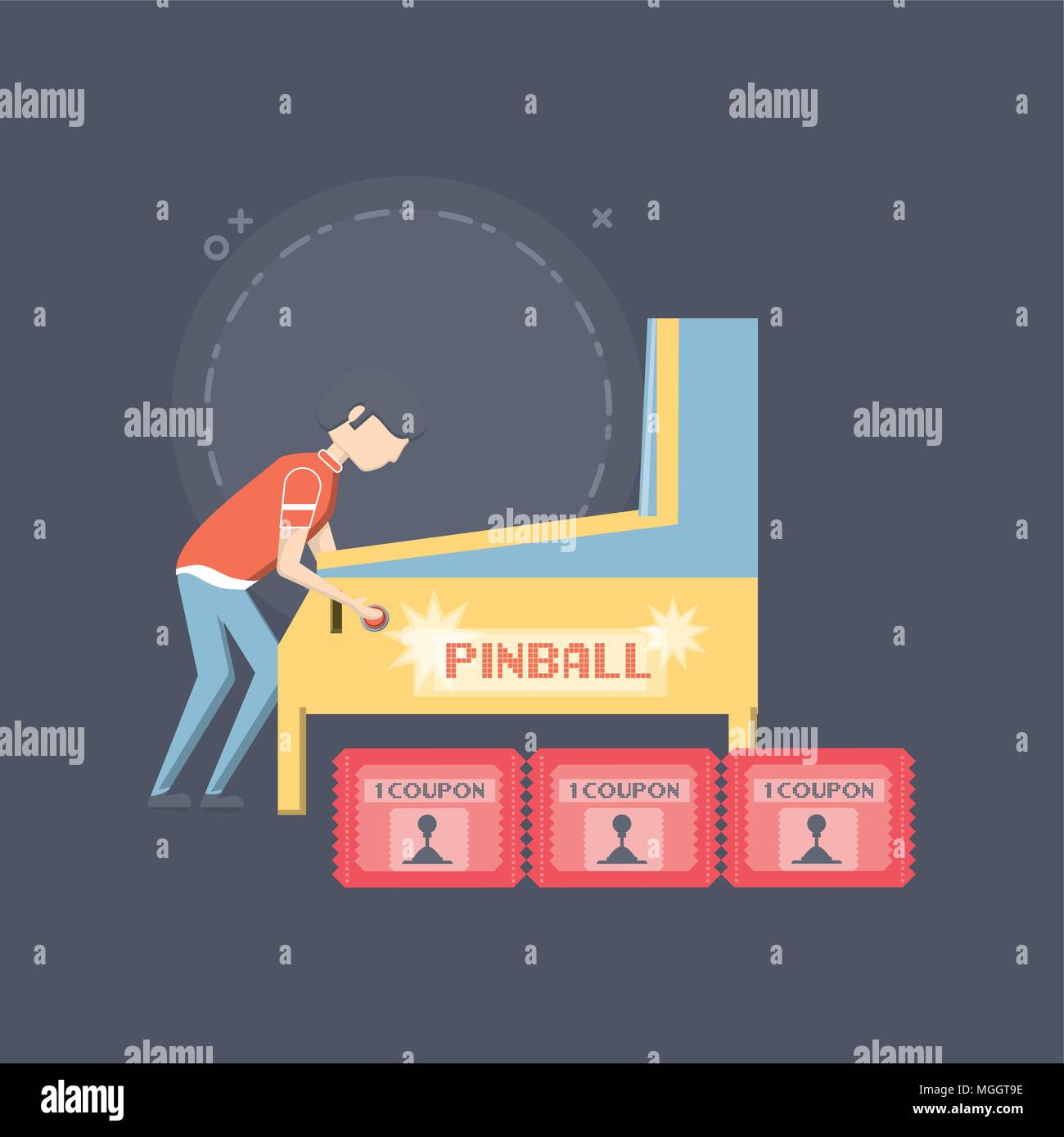 boy playing pinball arcade machine and coupons over gray background ...